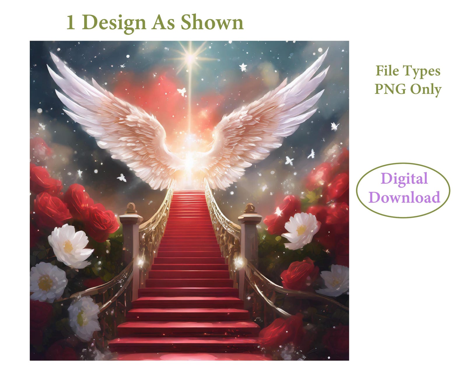 Red Memorial Background With Stairs and Angel Wings, Large Red Flowers ...