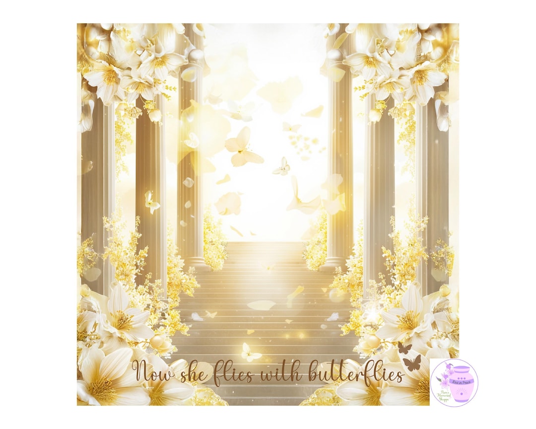 Yellow Memorial Background With Pillar Stairs, Flowers and Butterflies ...