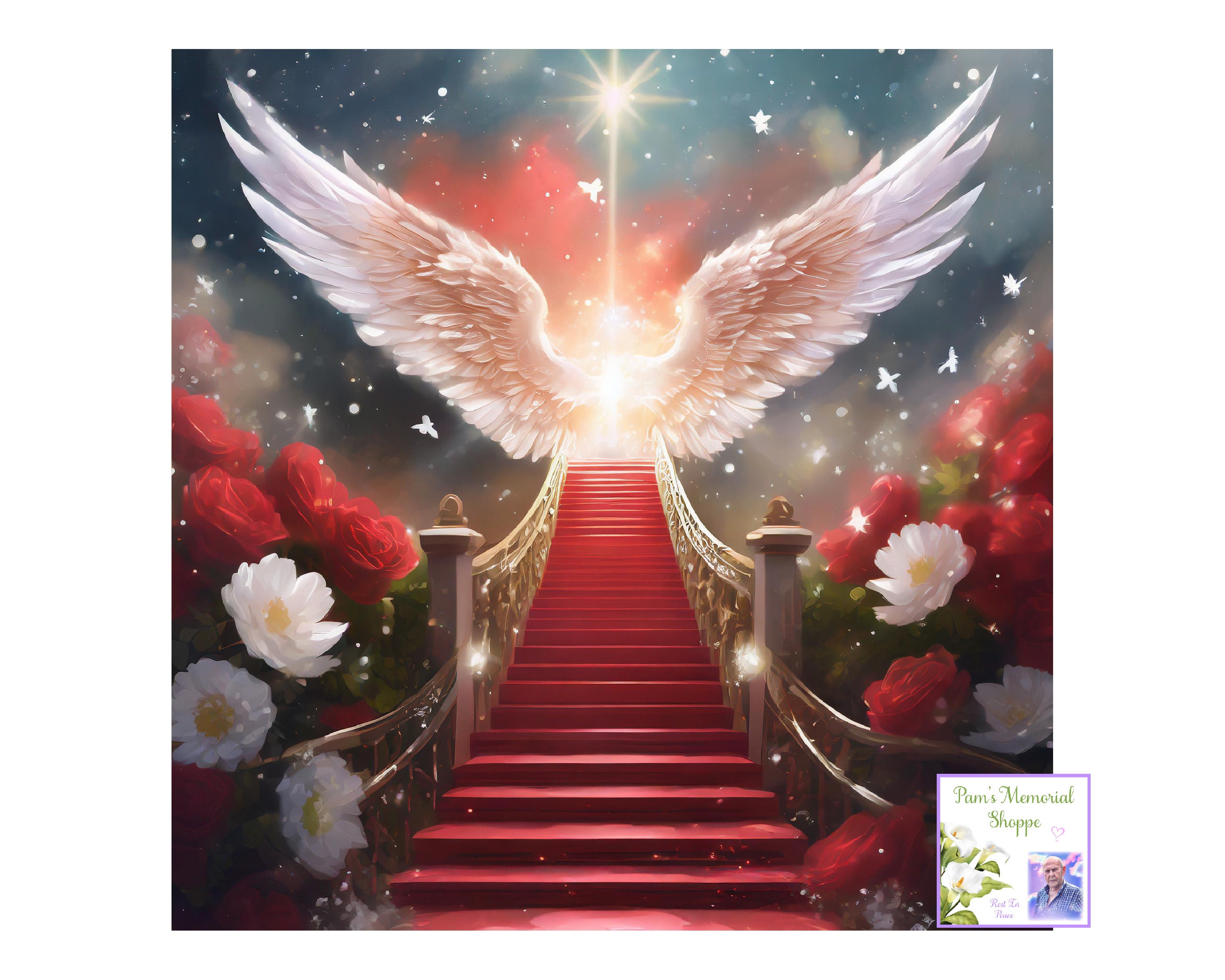 Red Memorial Background With Stairs and Angel Wings, Large Red Flowers ...