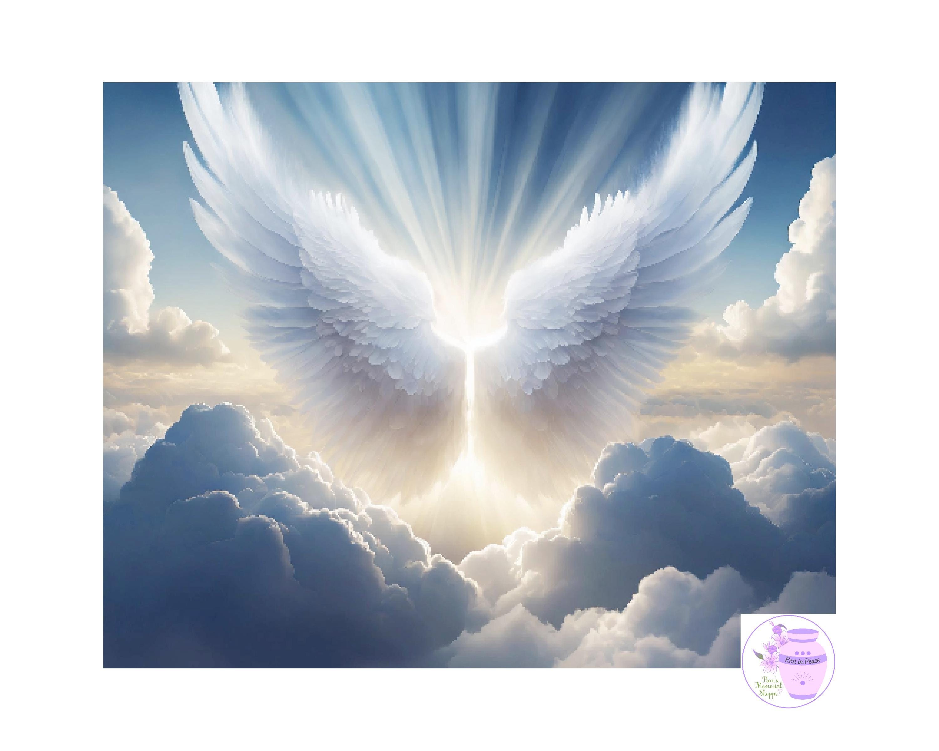 Memorial Image With White Angel Wings and Clouds in A Blue Sky, Ray of ...