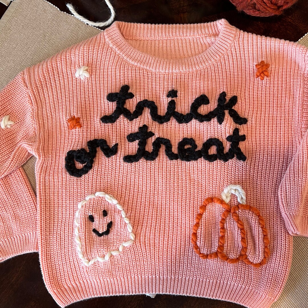 Hand Embroidered Trick or Treat Toddler Sweater With Ghost and Pumpkin ...