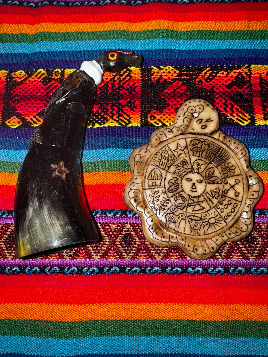 Ceremonial Set: Condor Bull Horn Hand-carved Ceremonial Cup With Carved Amaru-serpent Stone ...