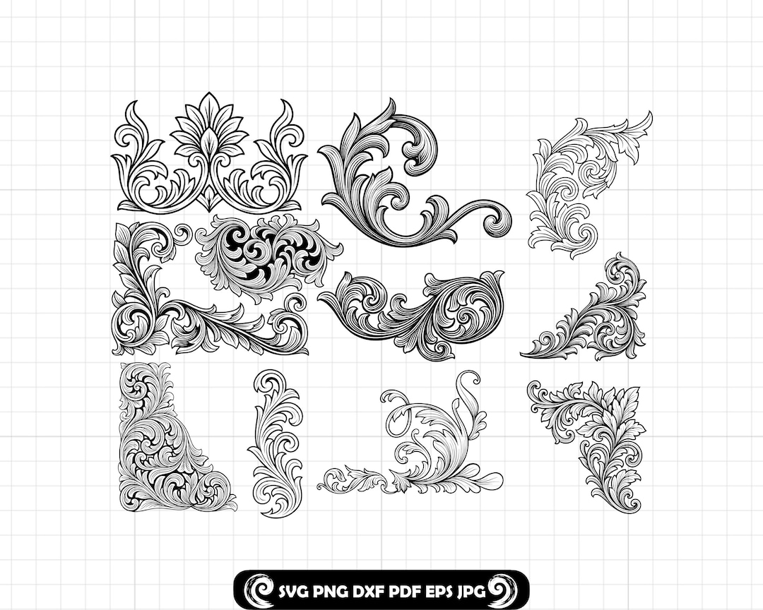 Ornamental Flourish Scrollwork SVG PNG DXF Bundle, Tooled Leather ...