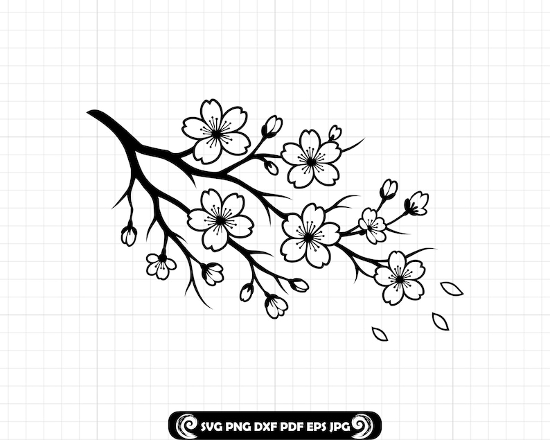 Cherry Blossom Branch #2 SVG PNG DXF, Japanese Sakura Flower Cut File ...