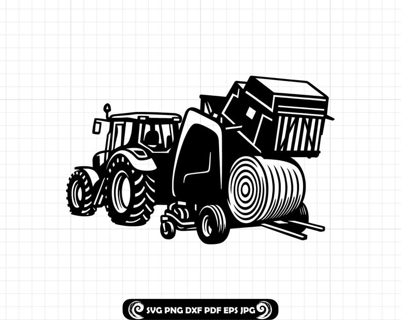 Farm Tractor With Round Baler SVG, Wheat Bale Clipart, Harvest Cut ...
