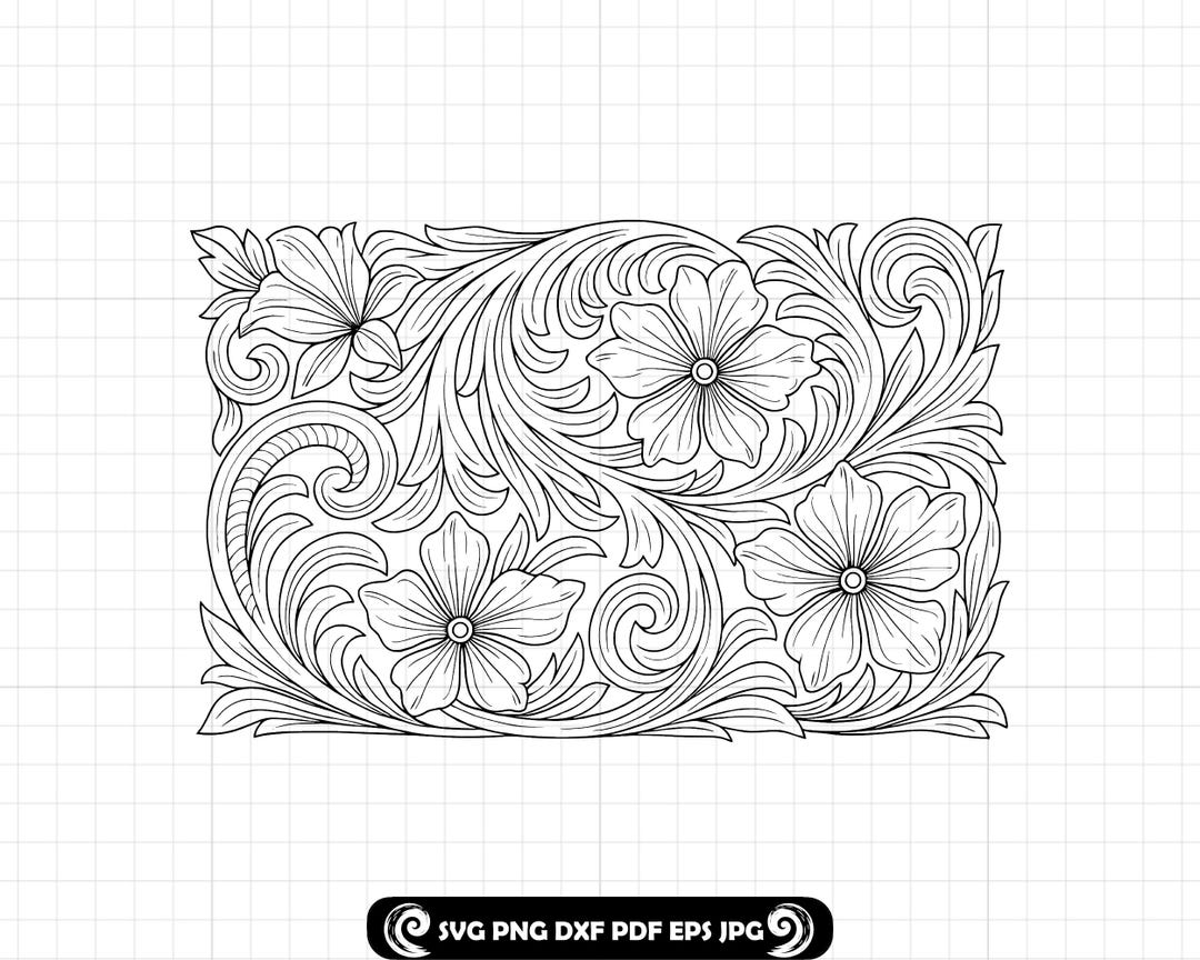 Tooled Leather #79 SVG PNG DXF, Leather Tooling Pattern, Western Flower ...