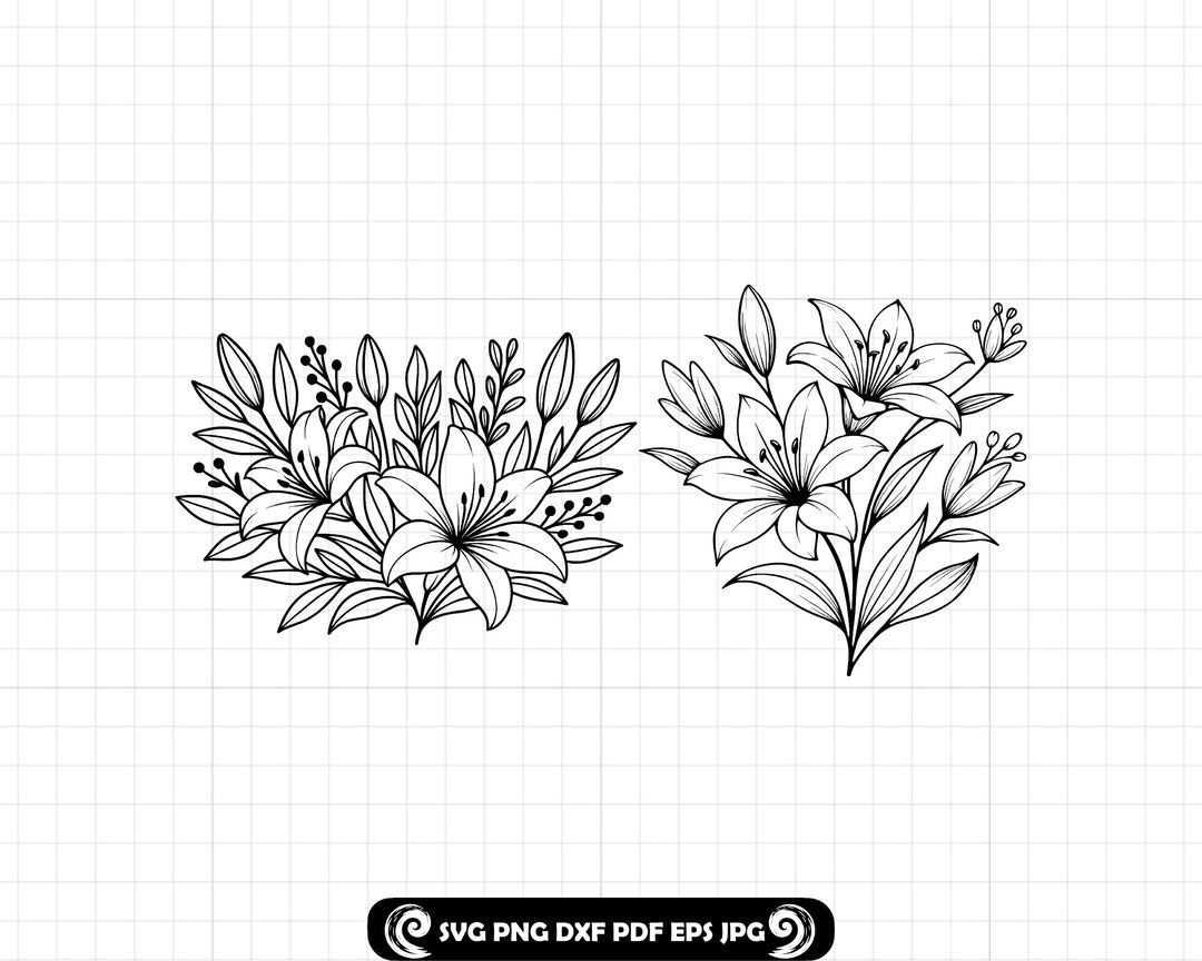Lily Flower SVG PNG DXF, Floral Bouquet Cut File, Botanical Lily Line ...