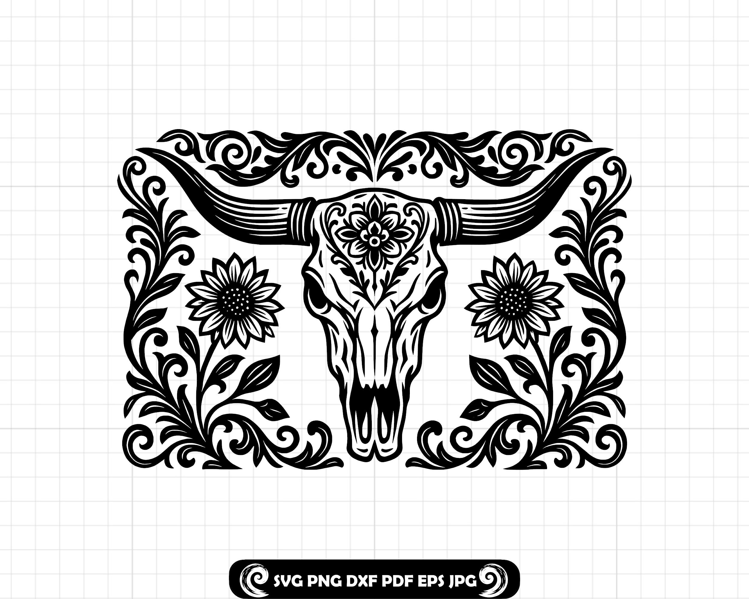 Western Longhorn Skull SVG PNG DXF, Tooled Leather Floral Frame, Cow ...