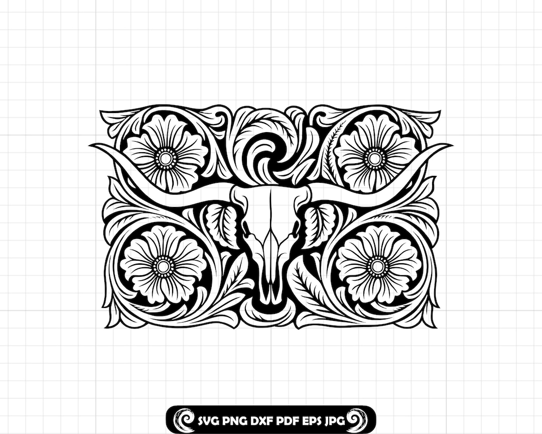 Longhorn Skull Tooled Leather Pattern SVG PNG DXF, Leather Tooling Svg ...