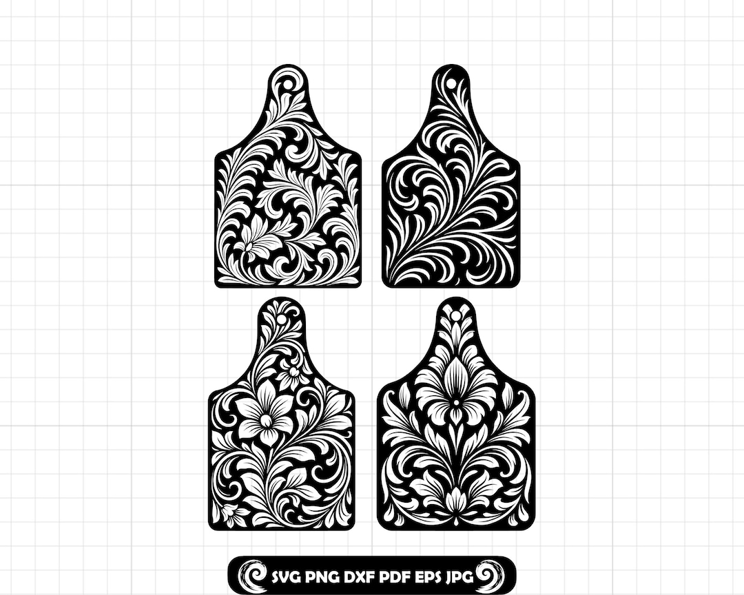 Ear Tag SVG Bundle PNG DXF, Western Tooled Leather Floral Cow Tag ...