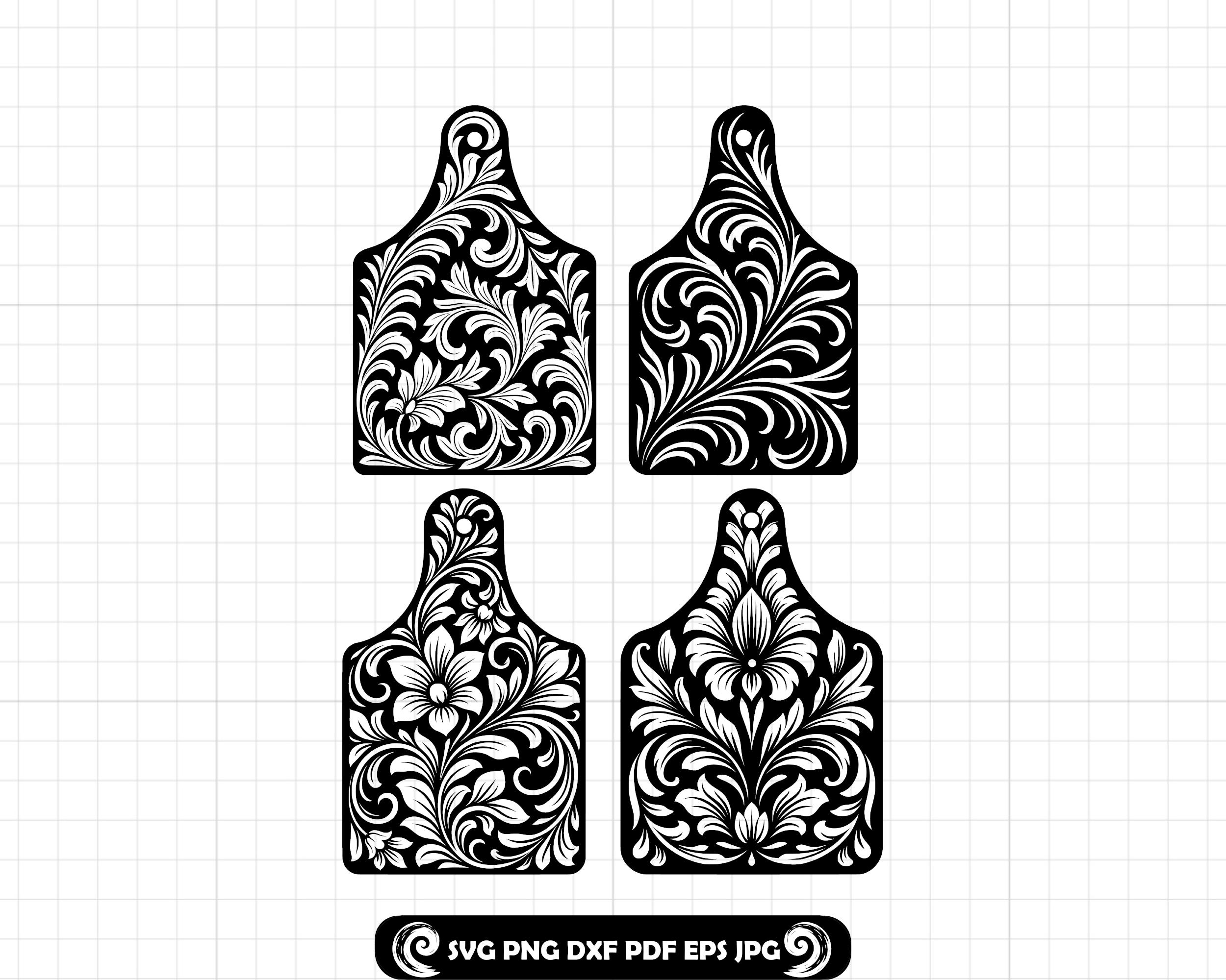 Ear Tag SVG Bundle PNG DXF, Western Tooled Leather Floral Cow Tag ...