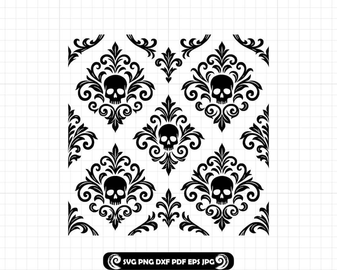 Gothic Skull Damask Pattern SVG PNG DXF, Seamless Halloween Skull ...