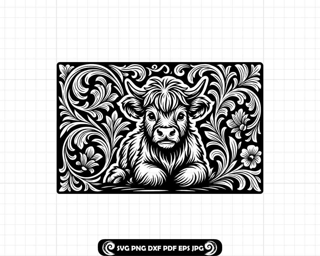 Highland Cow SVG PNG DXF, Tooled Leather Floral Scroll Frame, Rustic ...