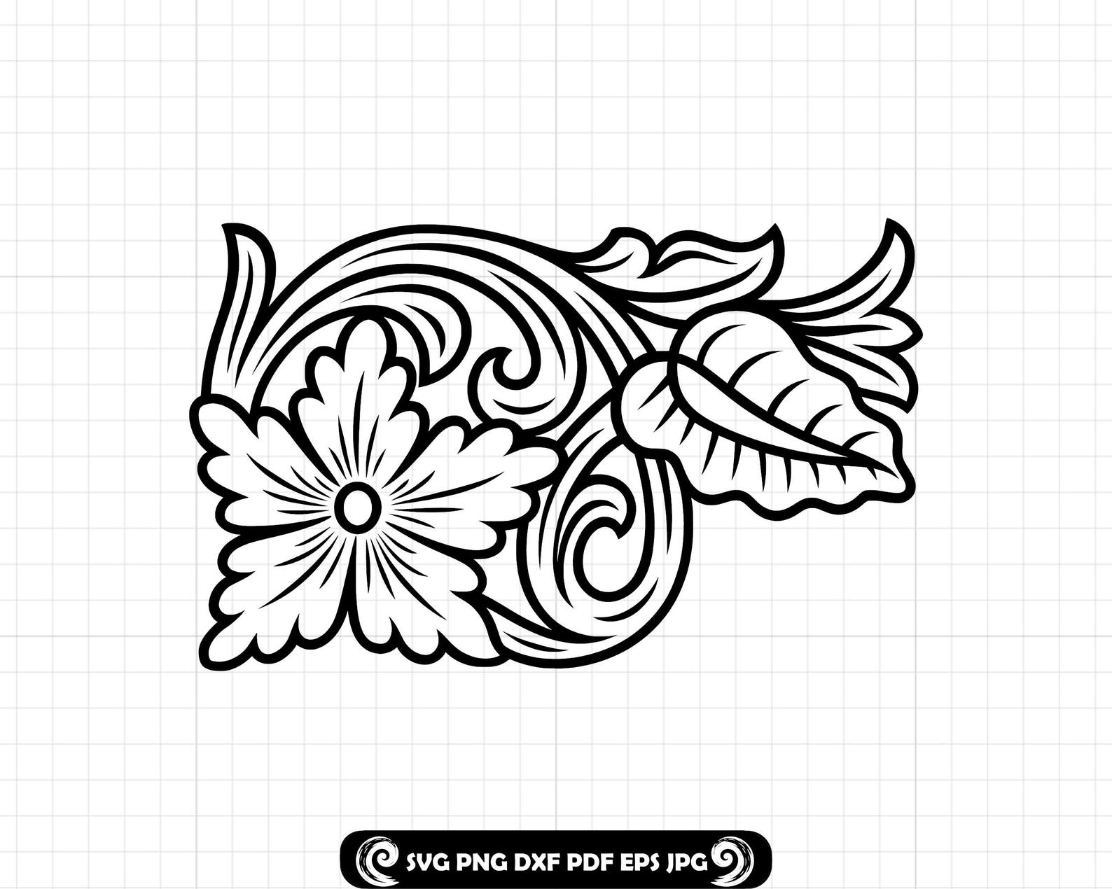 Floral Carving Pattern #6 SVG PNG DXF, Ornamental Scrollwork Flower ...
