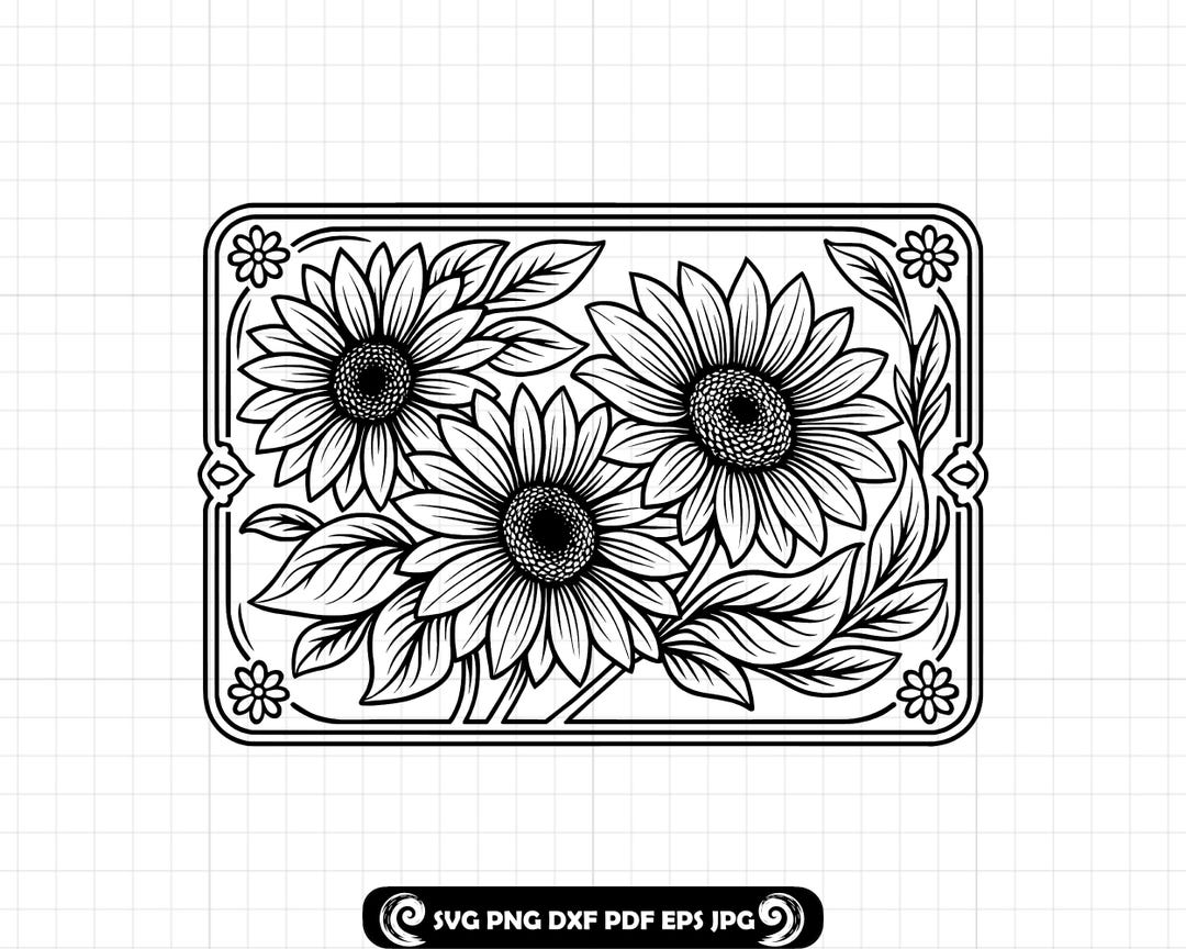 Sunflower Tooled Leather Pattern #4 SVG PNG DXF, Floral Tooling Svg ...