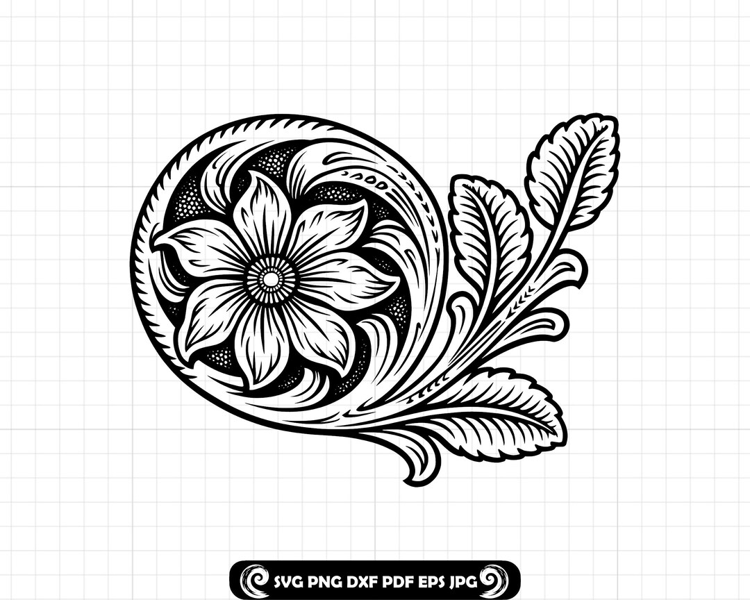 Floral Carving Pattern #7 SVG PNG DXF, Ornamental Scrollwork Flower ...