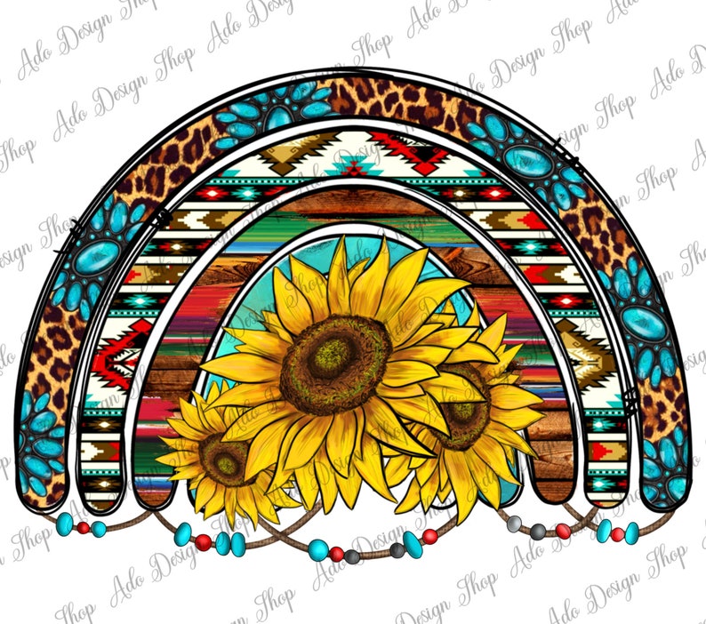 Western Sunflowers Aztec Leopard Serape Rainbows Png Sublimation Design ...