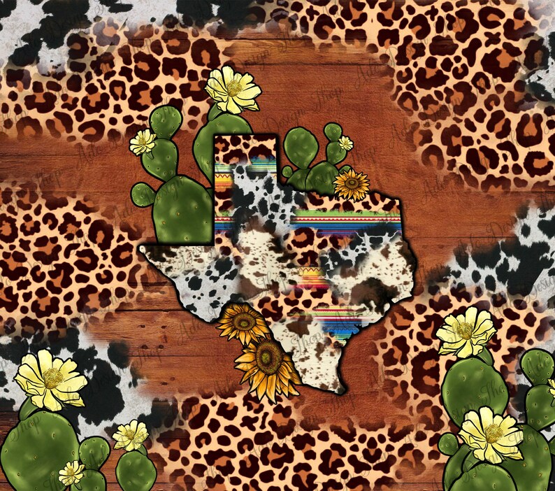 Cowhide Leopard Cactus Background Western Texas Map Tumbler PNG ...