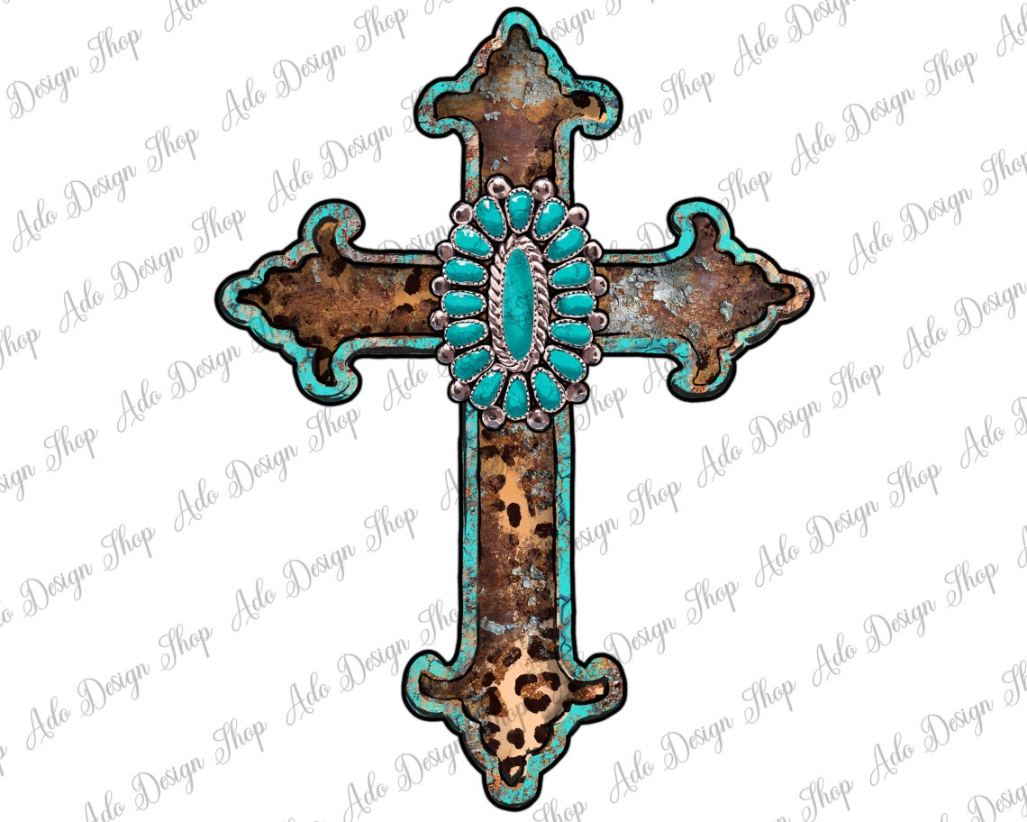Western Turquoise Cross Png Sublimation Design, Gemstone Cross Png ...