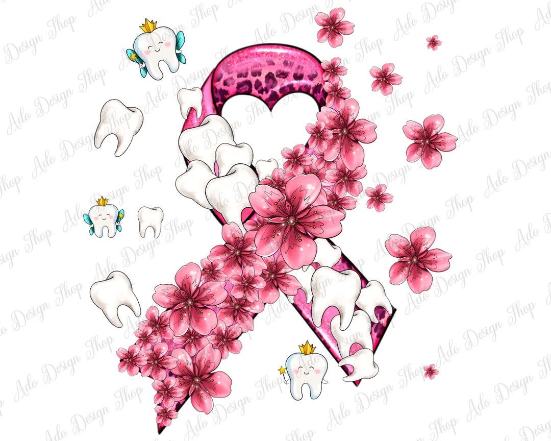 Teeth and Flower Cancer Ribbon Png Sublimation Design, Breast Cancer ...