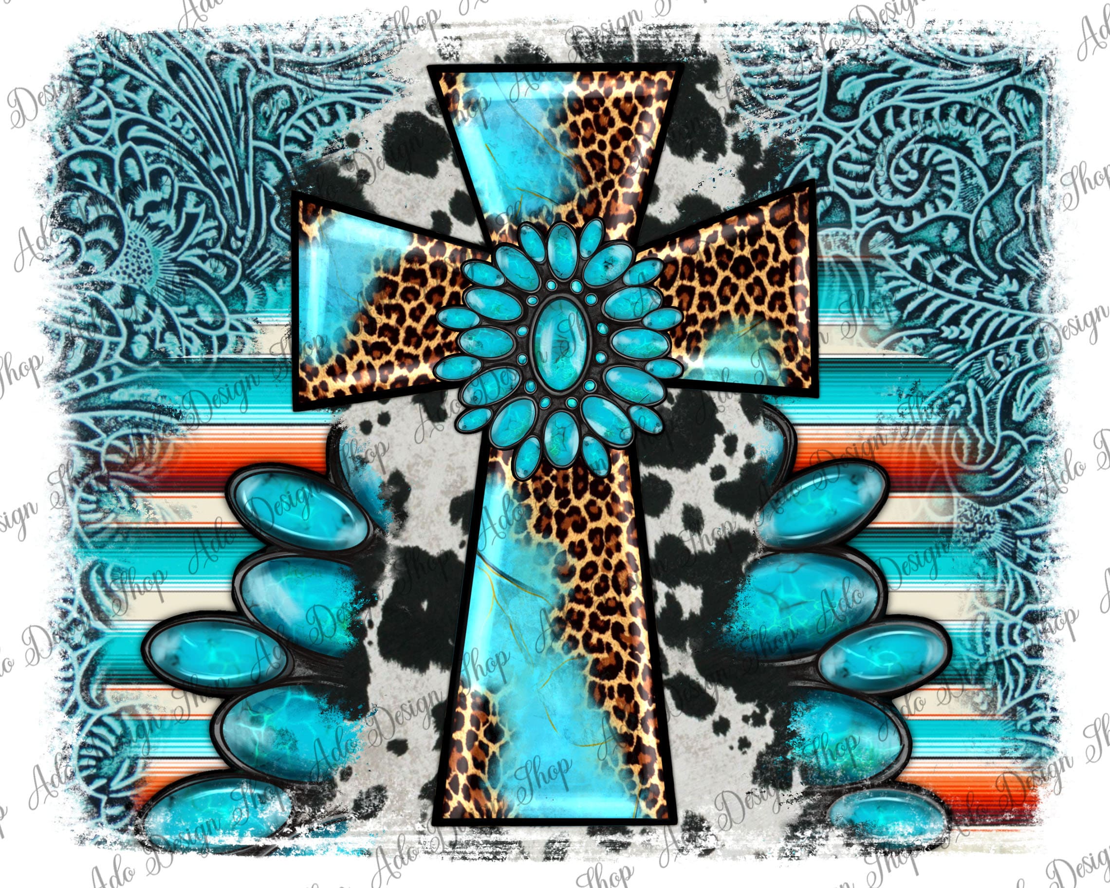 Cross With Gemstone and Serape Background Png, Western Cross Png, Faith ...