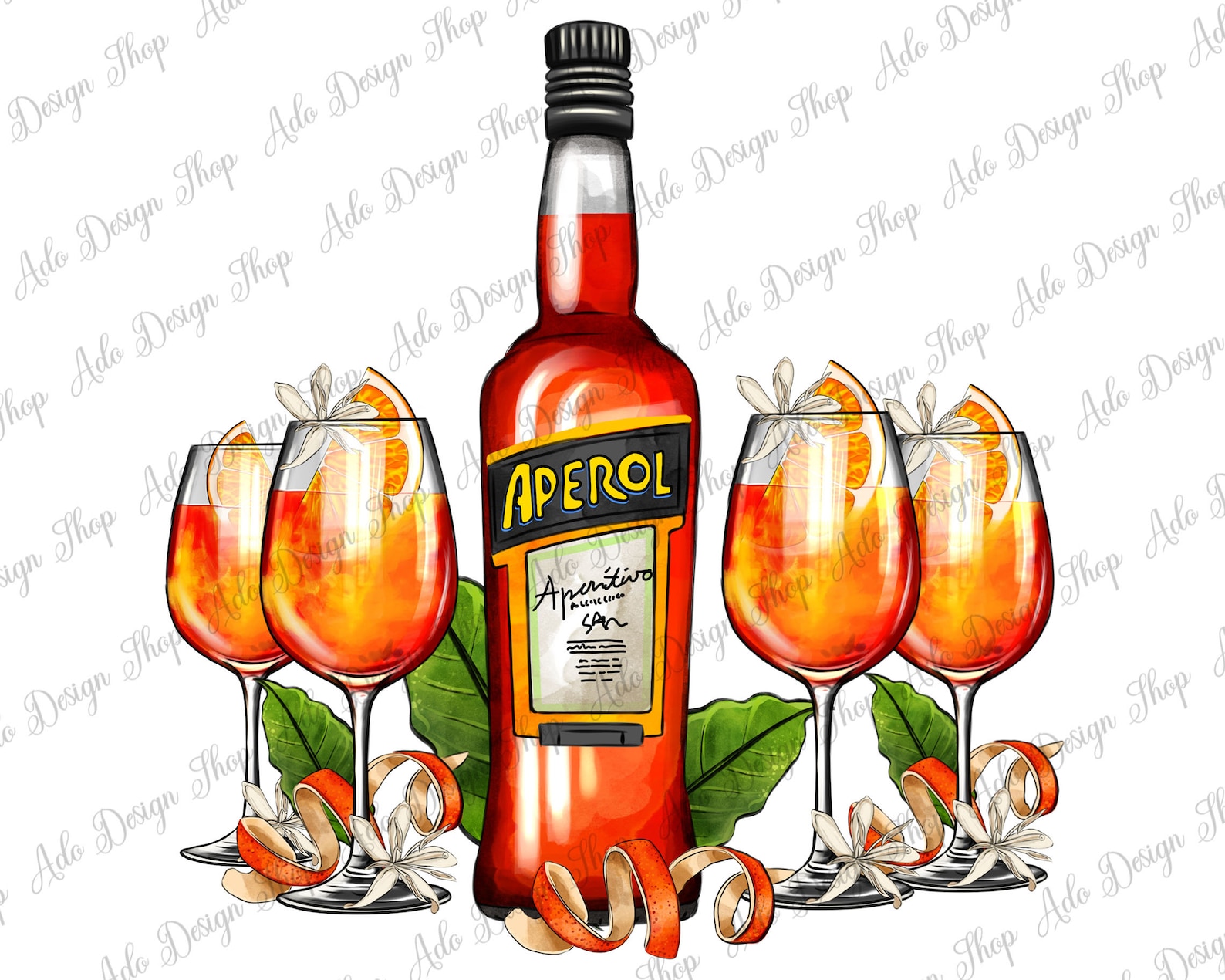 Aperol Spritz Cocktail Glasses and Bottles With Flowers Png Sublimation ...