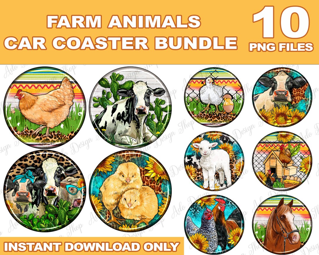 Farm Animals Car Coaster Png Sublimation Design Bundle, Western Car ...