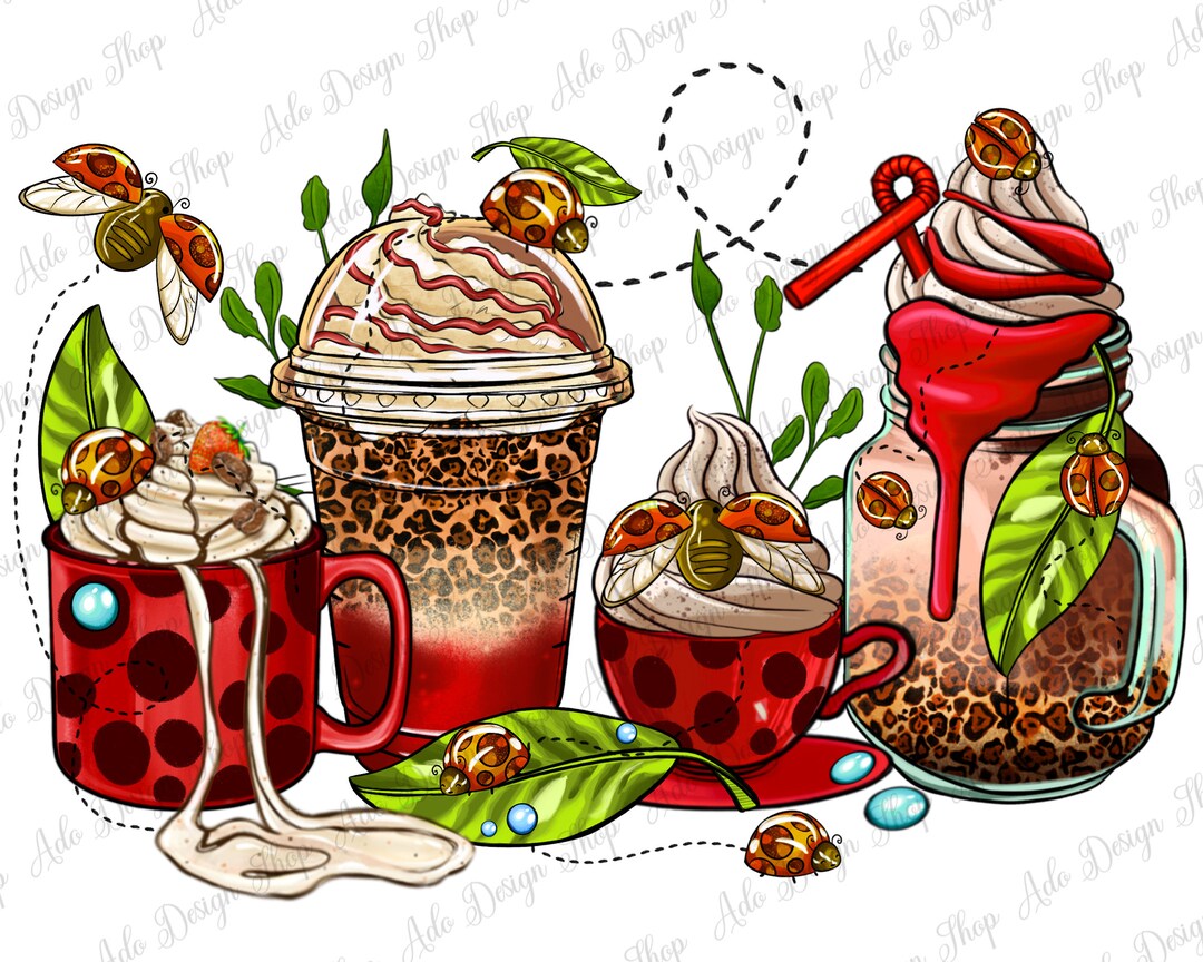 Lady Bug Coffee Cups Png Sublimation Design Download, Coffee Love Png ...