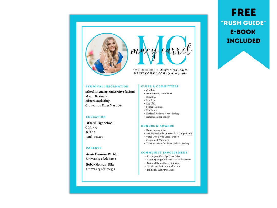 Turquoise Sorority Resume Template: Editable Cover Letter (instant ...