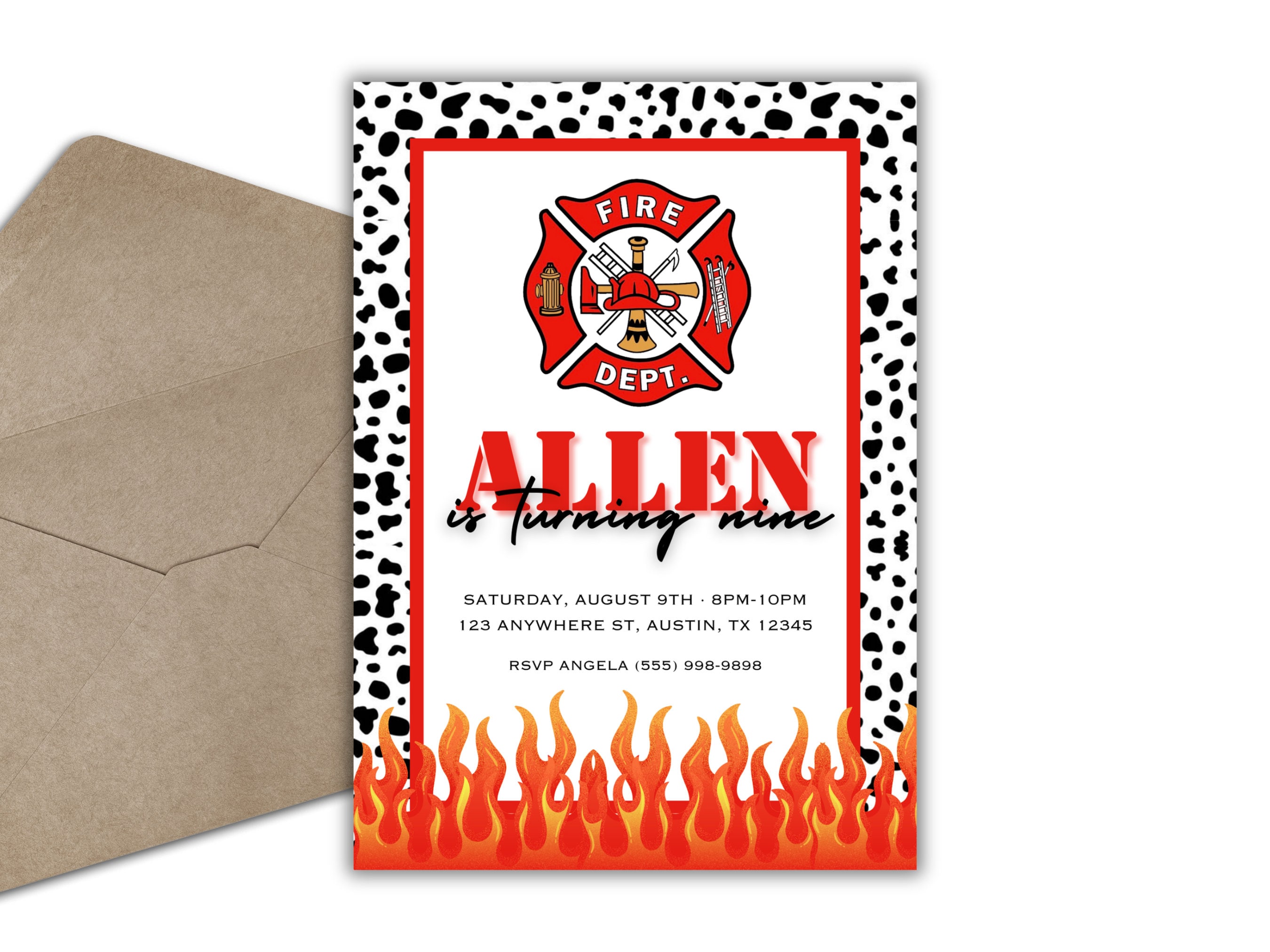 Fireman Birthday Invitation: Dalmatian Print, Firefighter Logo (digital ...