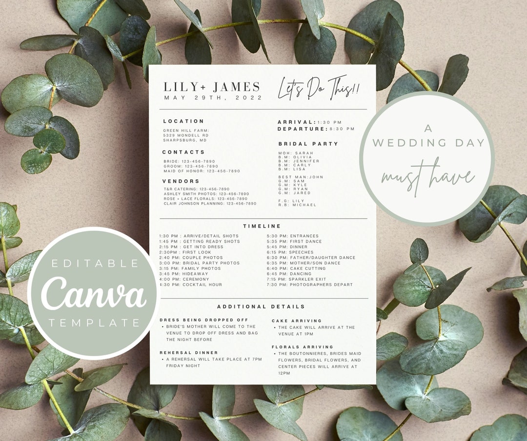 Minimalist Wedding Day Timeline | Wedding Day Information Template ...