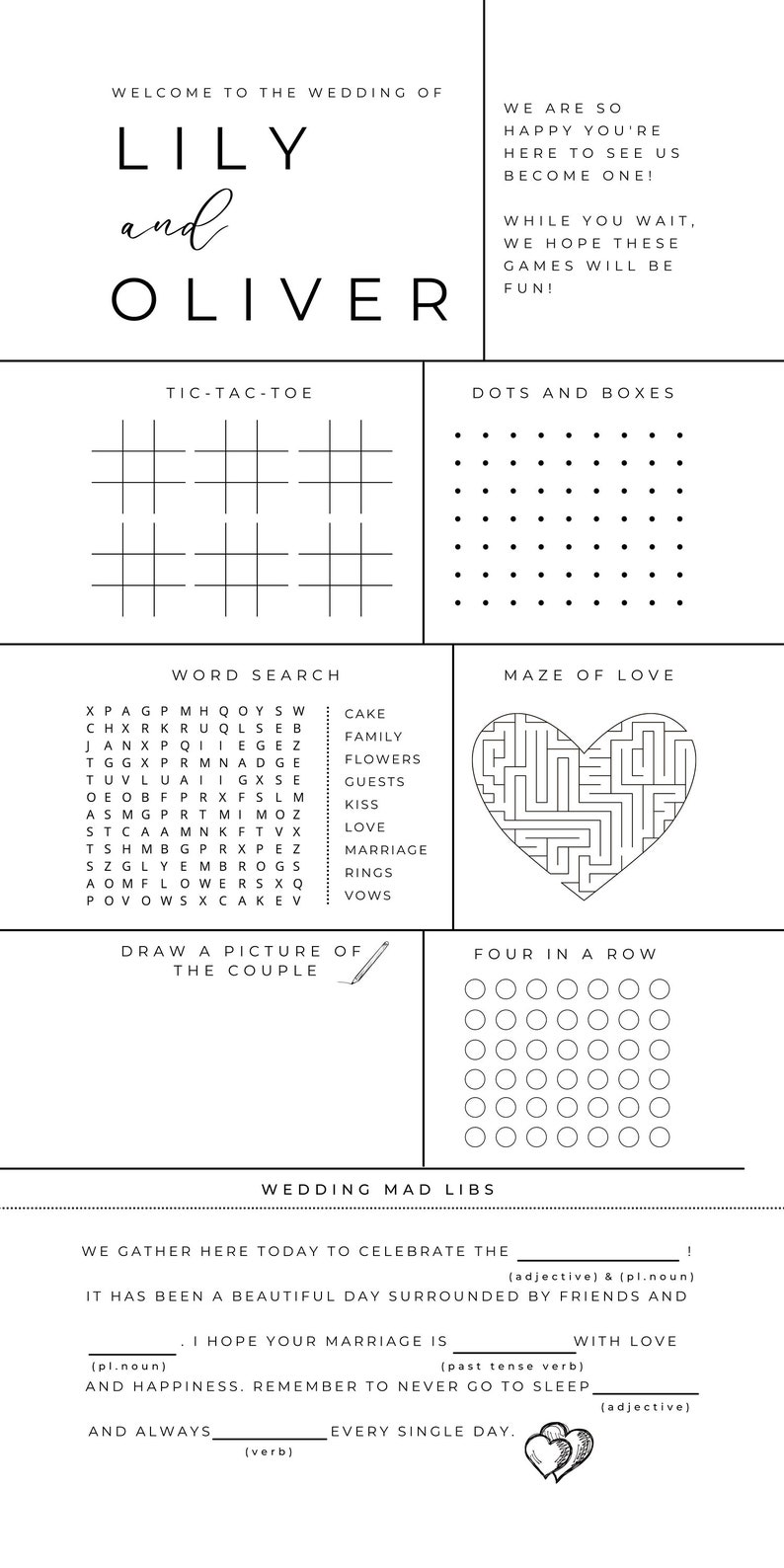 Wedding Reception Game and Menu Template Activity Sheet - Etsy