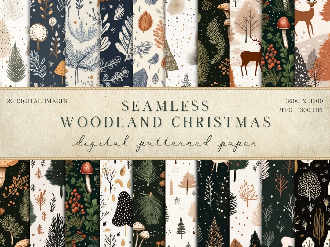 Rustic Woodland Christmas Digital Paper Pack - Earthy, Vintage, Cottage ...