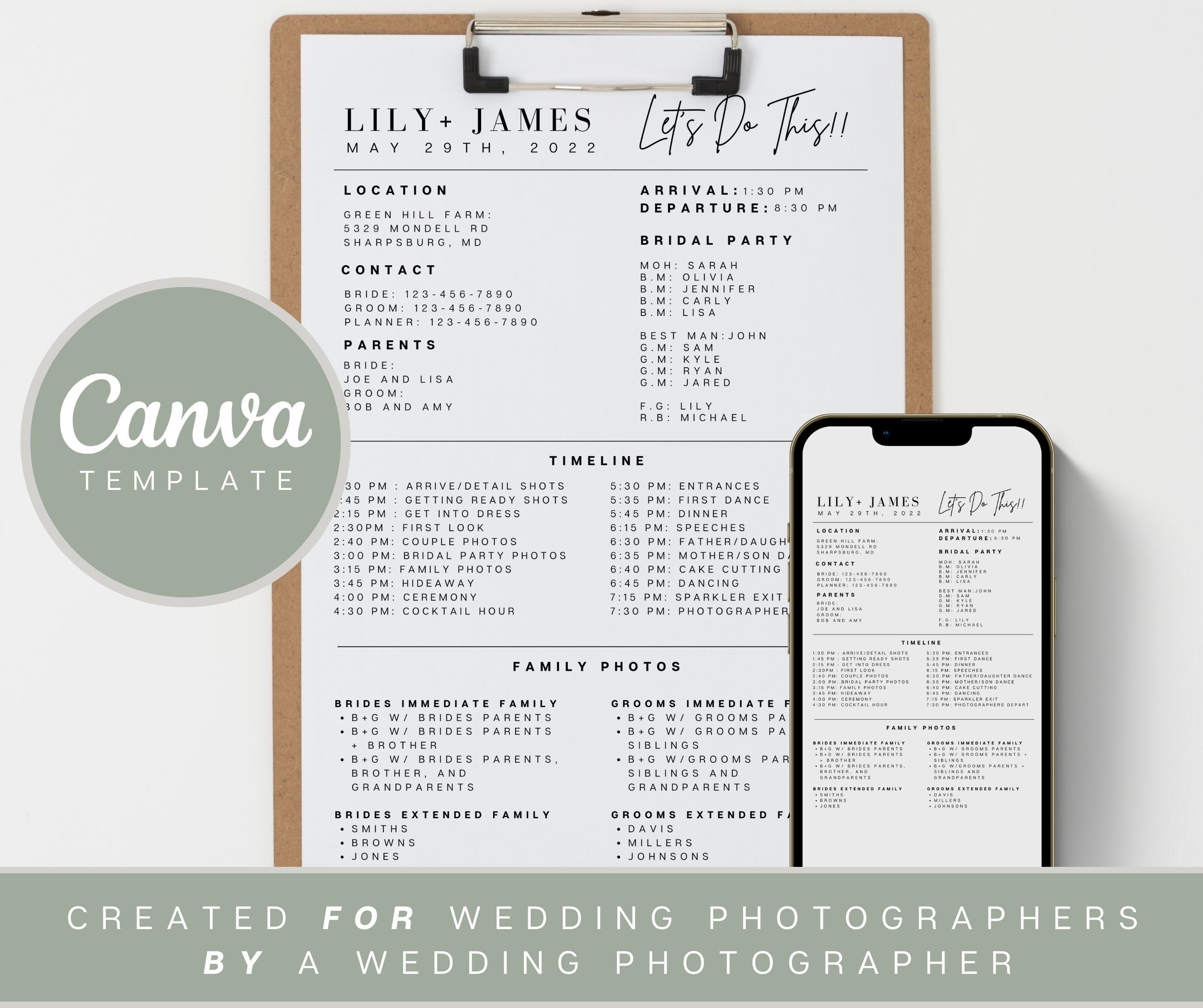 Wedding Photographer Timeline Template, Canva Editable Schedule ...