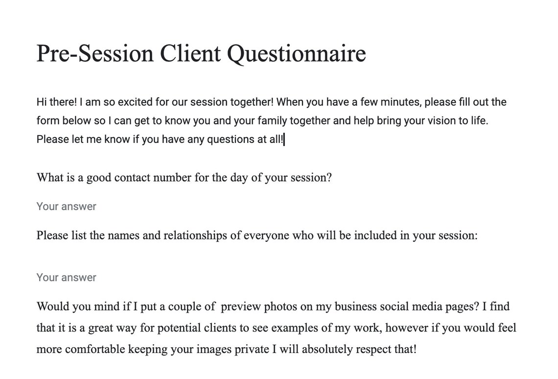Photographer Questionnaire Photographer Template - Etsy