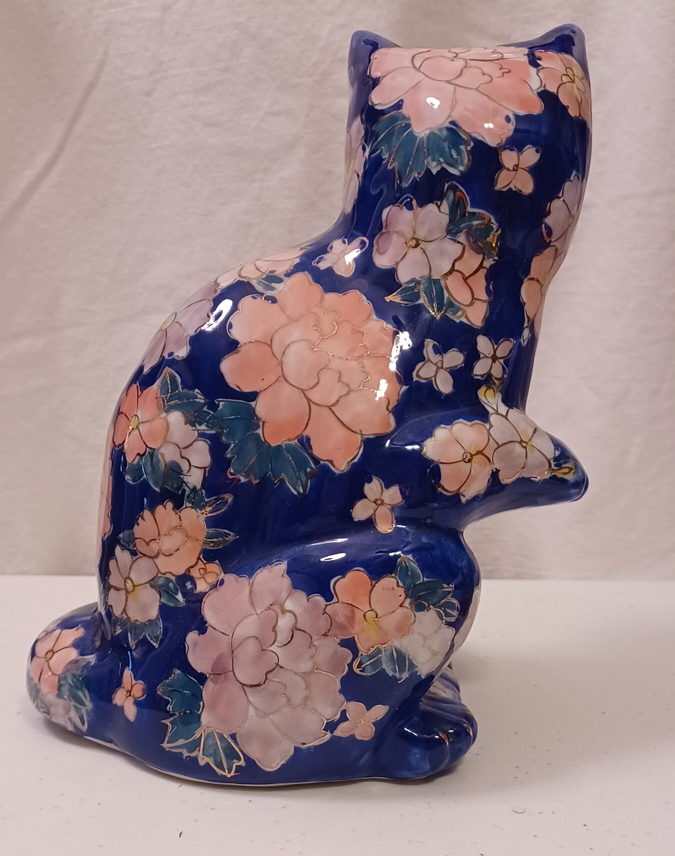 Beautiful Chinese Porcelain Cat Figurine Statue Blue & Floral - Etsy