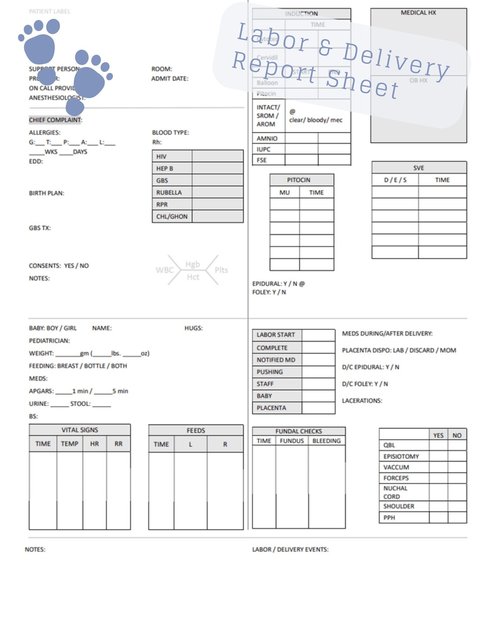 Vaginal and C-section Bundle, Labor and Delivery Report Sheet, OB ...