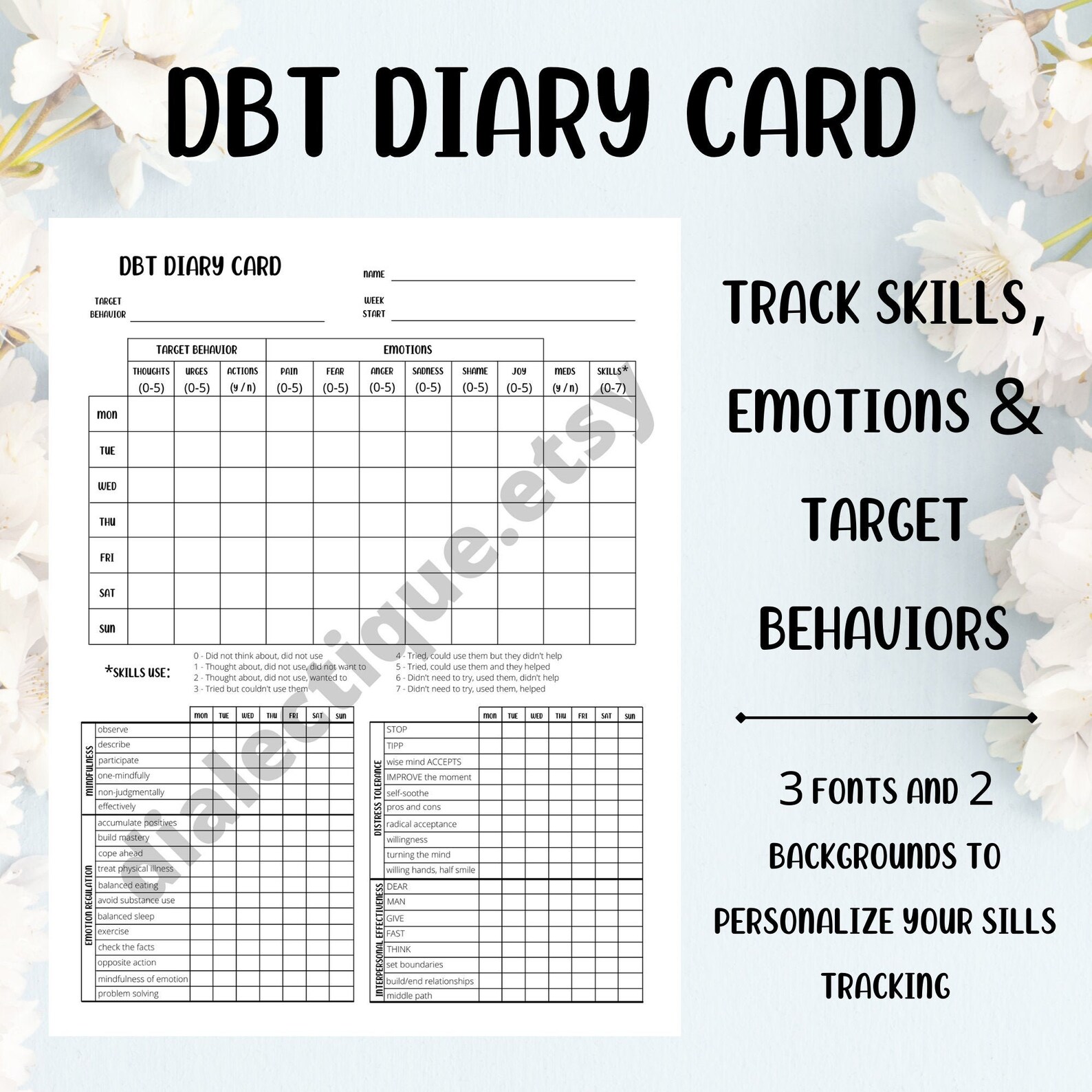 DBT Diary Card, Weekly DBT Skills Tracking - Etsy