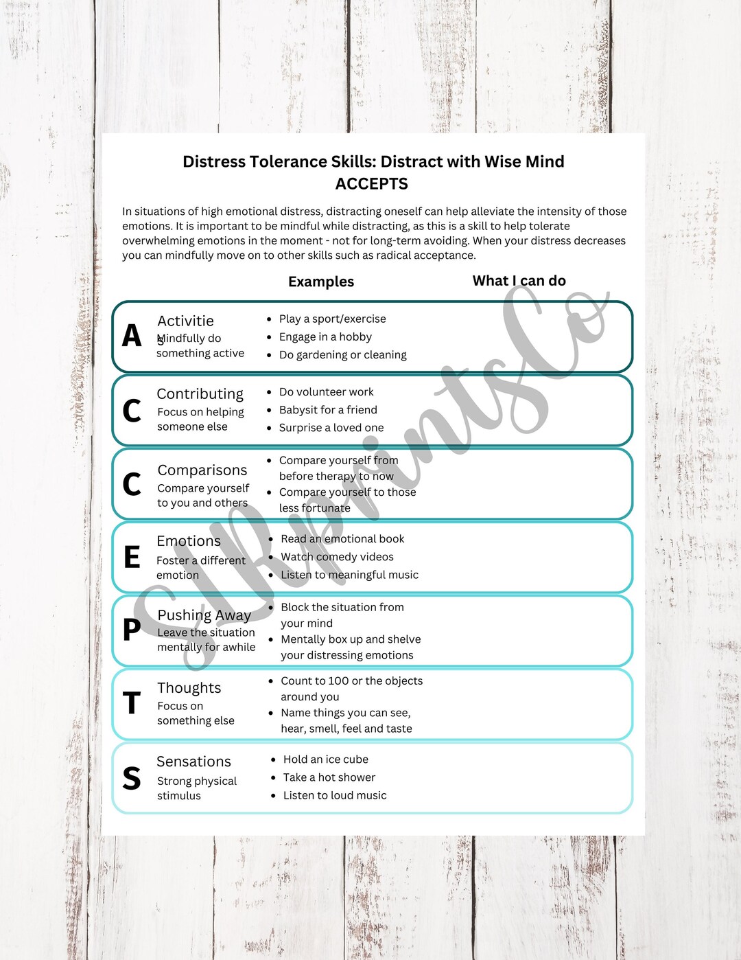 DBT Distress Tolerance Worksheet Wise Mind ACCEPTS Skill DBT Therapy ...