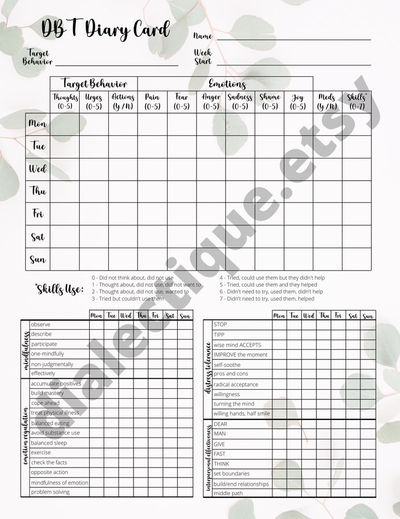 DBT Diary Card, Weekly DBT Skills Tracking - Etsy