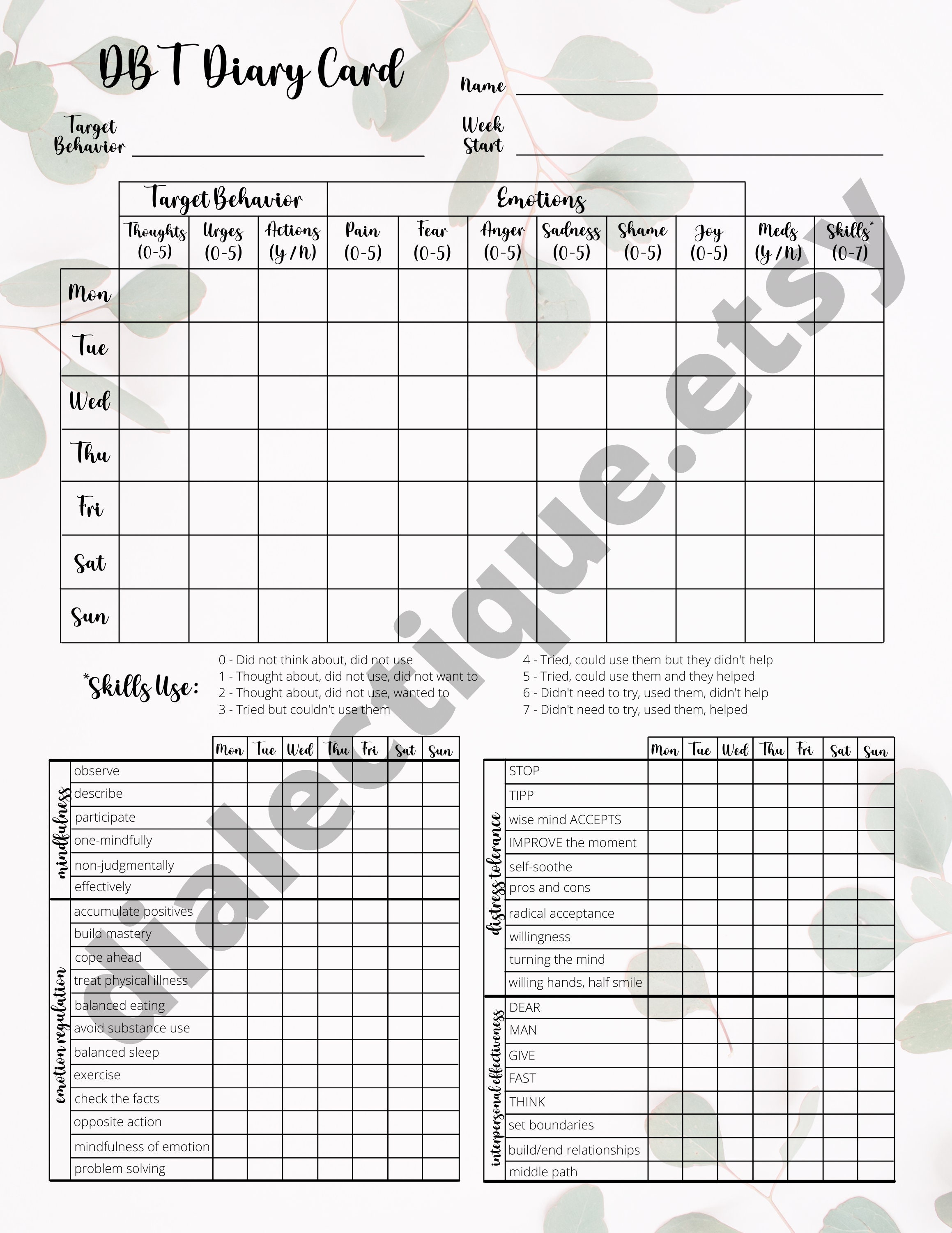 DBT Diary Card, Weekly DBT Skills Tracking - Etsy