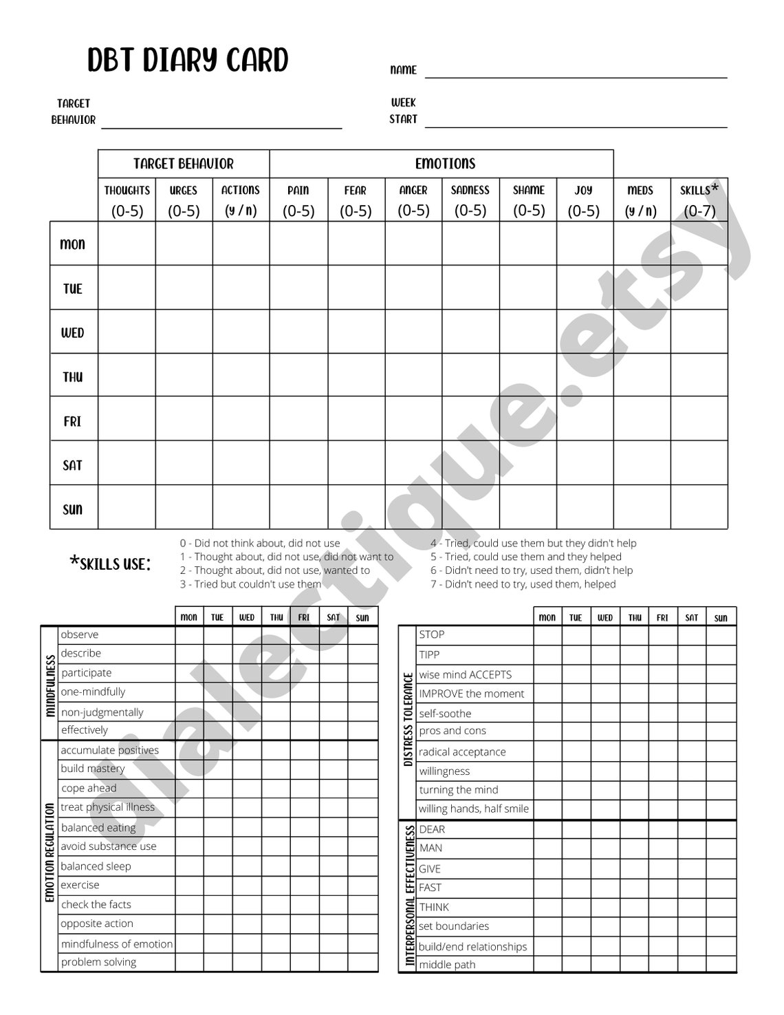 DBT Diary Card, Weekly DBT Skills Tracking - Etsy