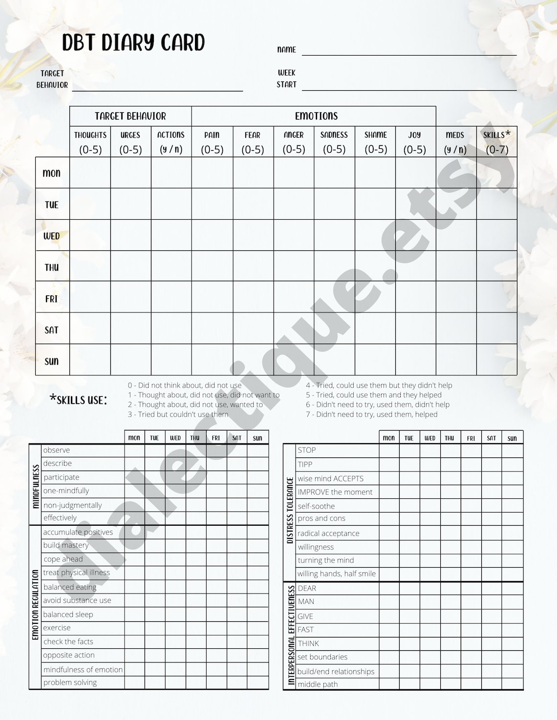 DBT Diary Card, Weekly DBT Skills Tracking - Etsy