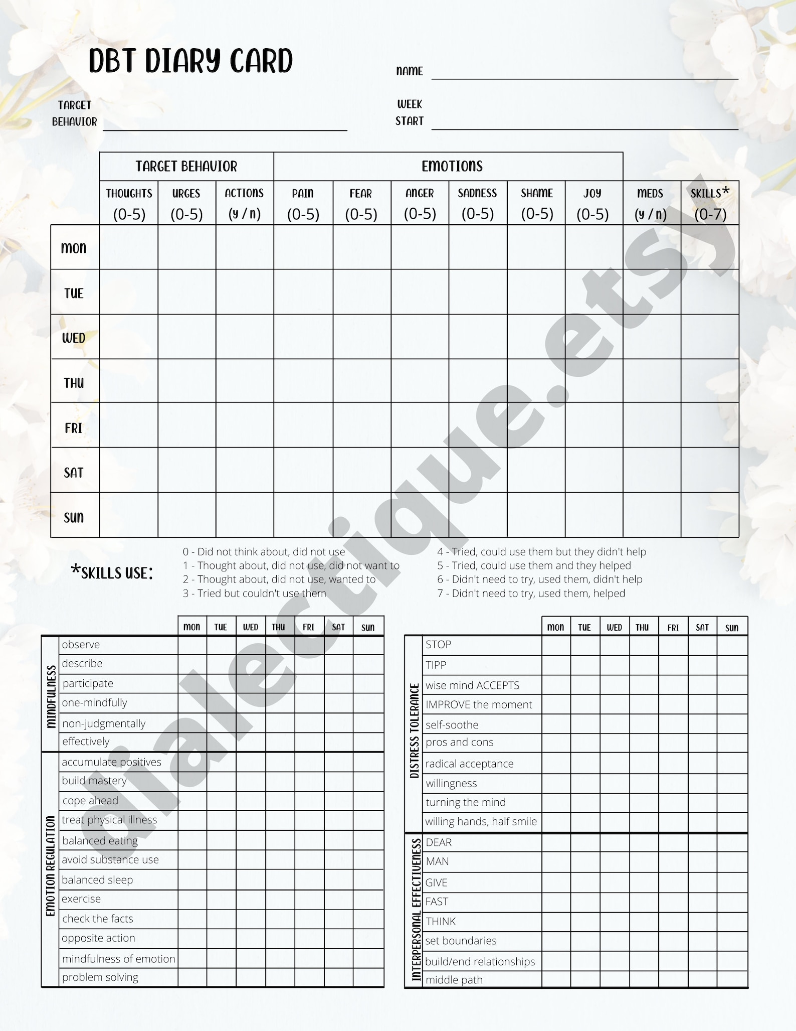 DBT Diary Card, Weekly DBT Skills Tracking - Etsy