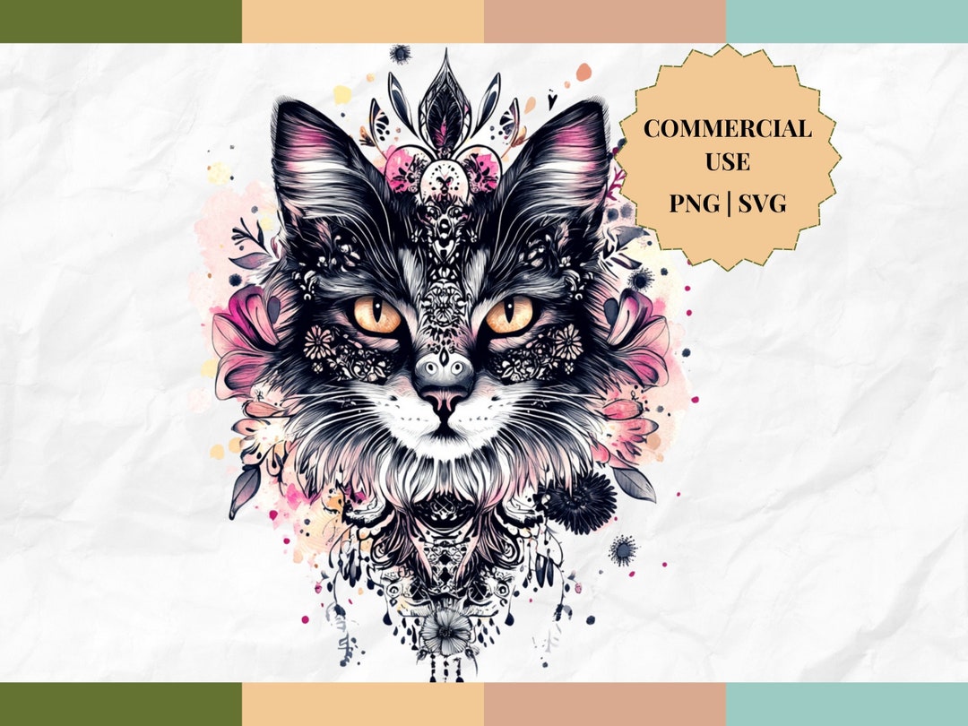 Boho Cat Clipart Png Black Cat Clipart Boho Svg Png Tshirt Design ...