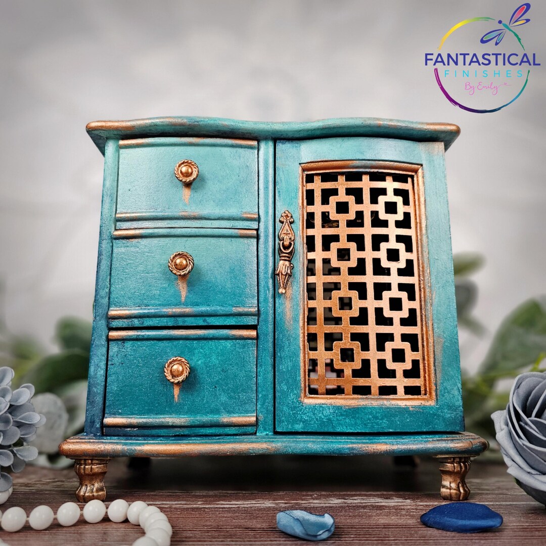 Blue Jewelry Box, Copper Jewel Box, Hand Painted Jewelry Box, Tabletop ...