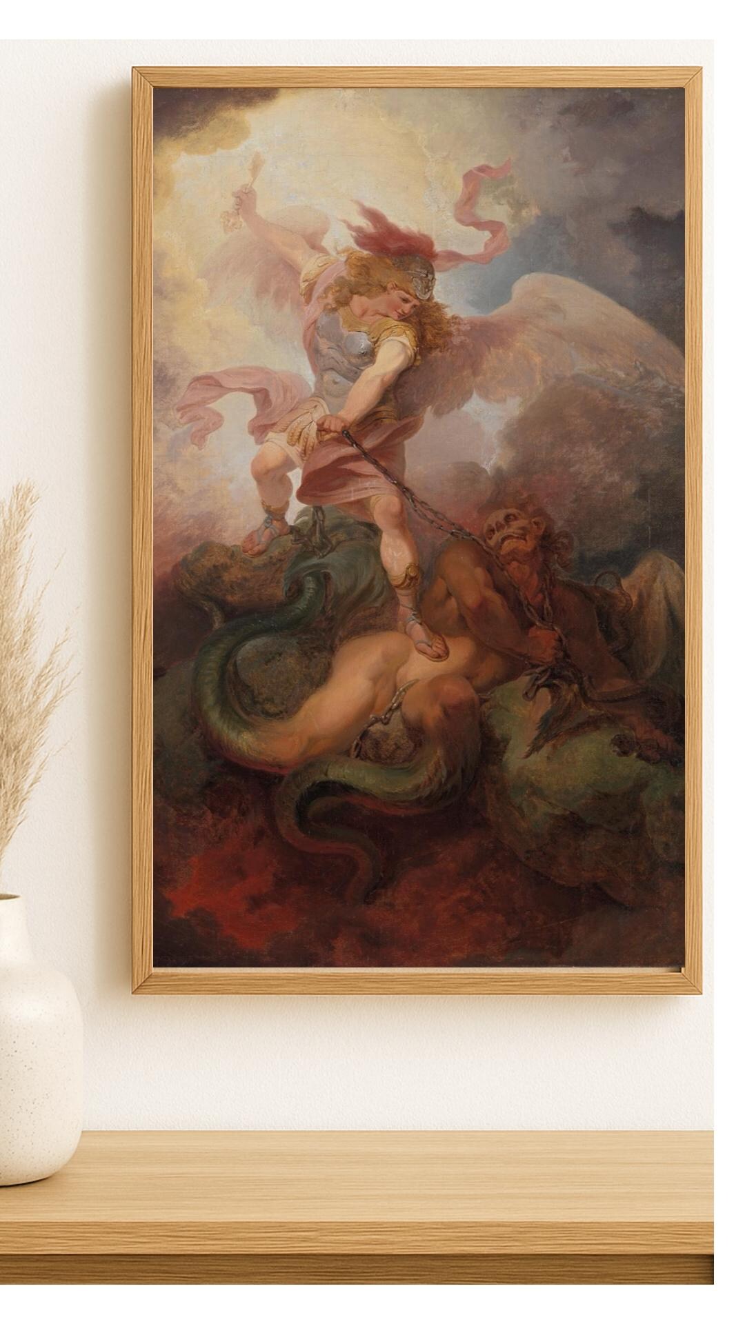 Archangel Michael Defeating Satan - Vintage Religious Art Print ...