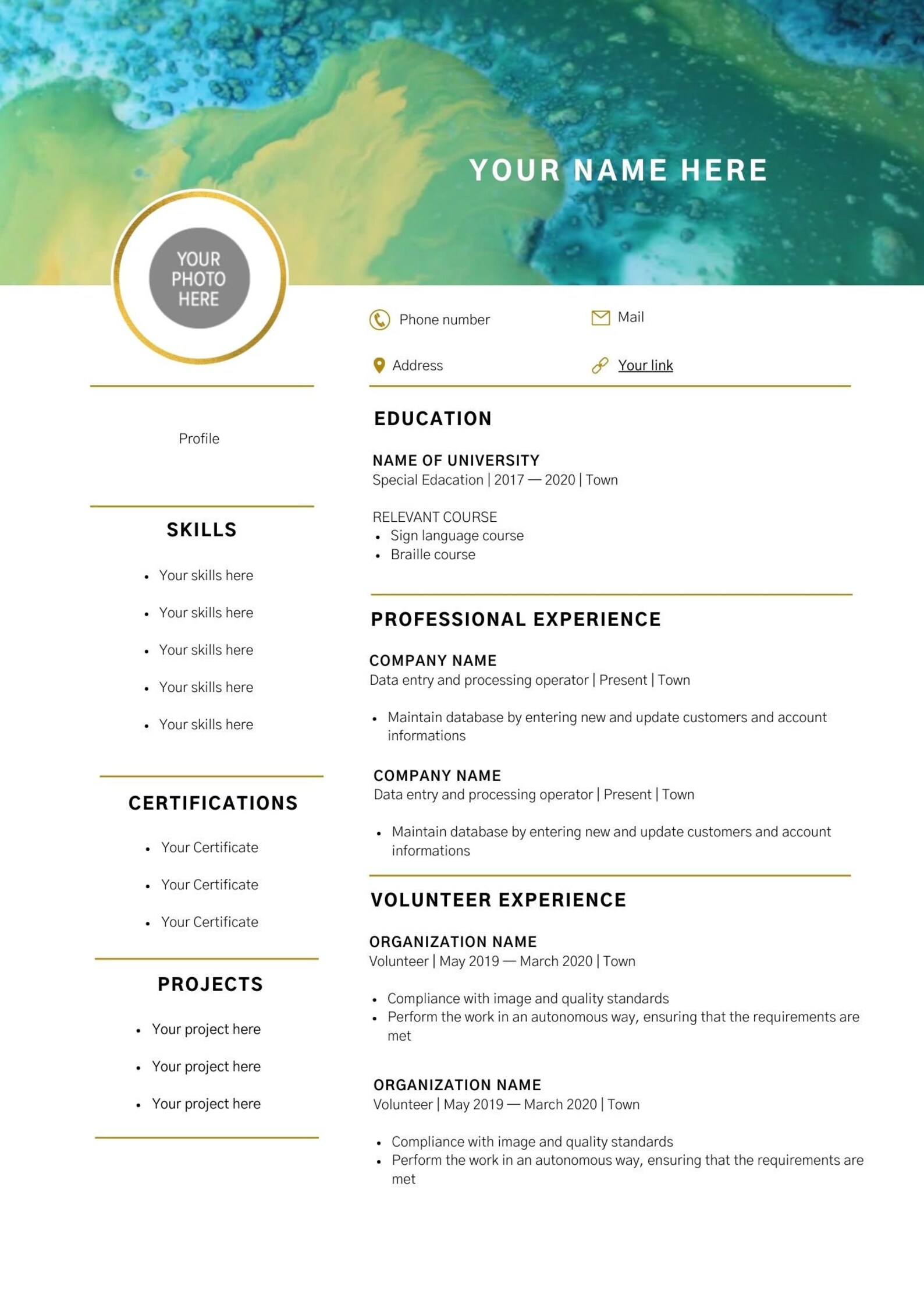 Professional CV | Modern Resume Template - Goldgreen | 2 Pages | Word ...