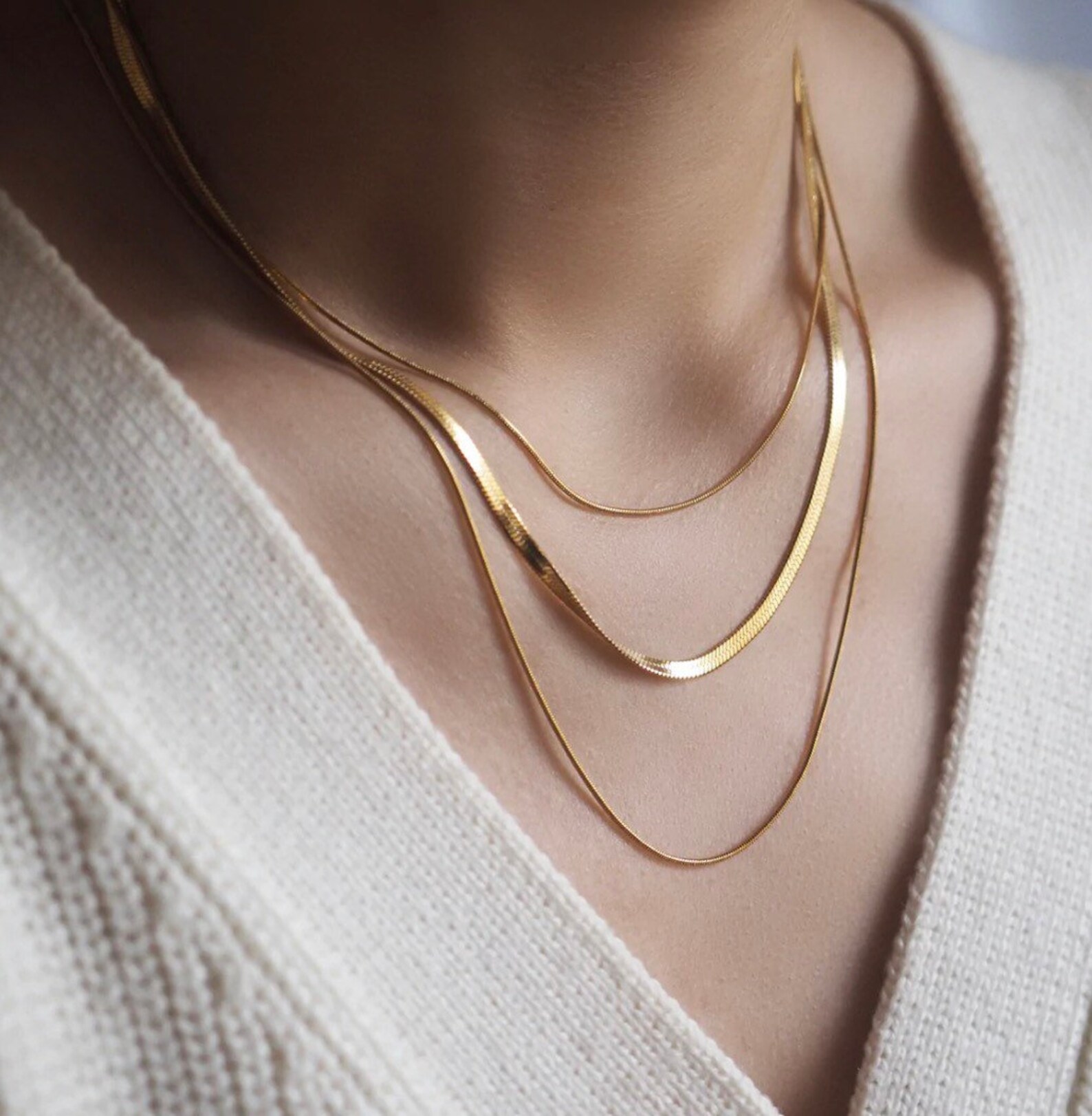 Gold Plated Triple Herringbone Chain Necklace - Etsy