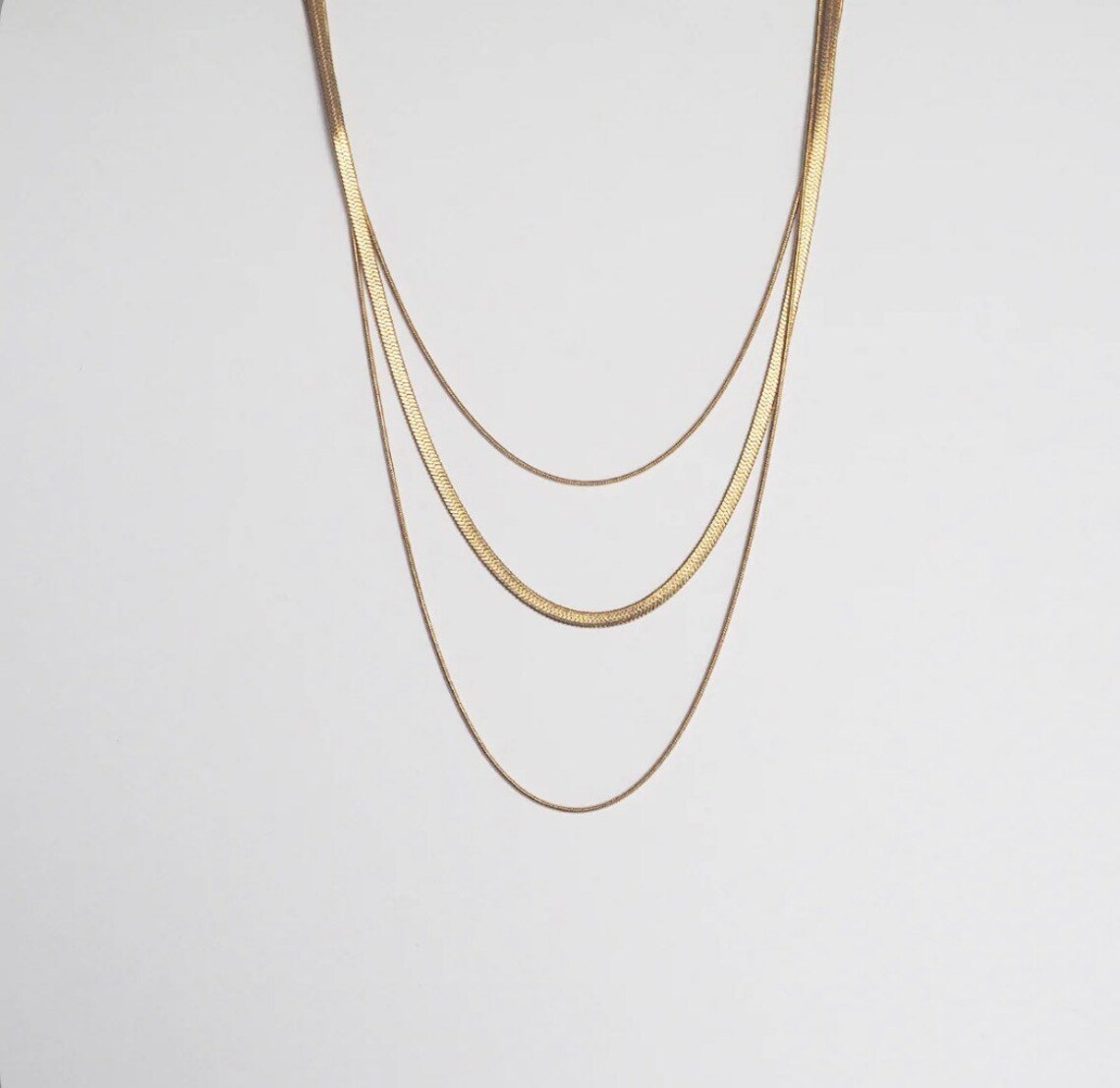 Gold Plated Triple Herringbone Chain Necklace - Etsy